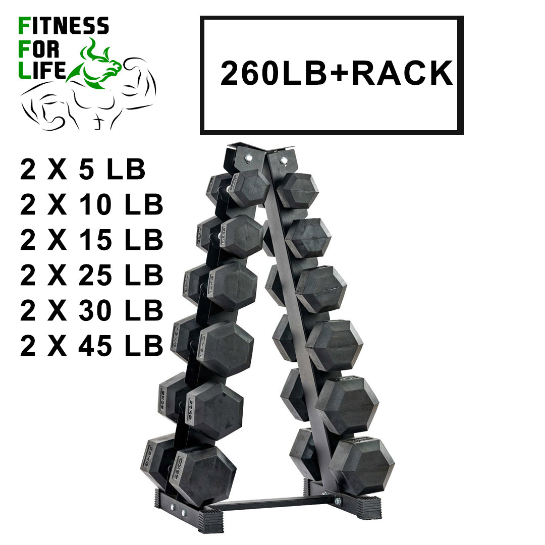 260 lb HEX Dumbbells set + Rack – Fitness For Life FFL