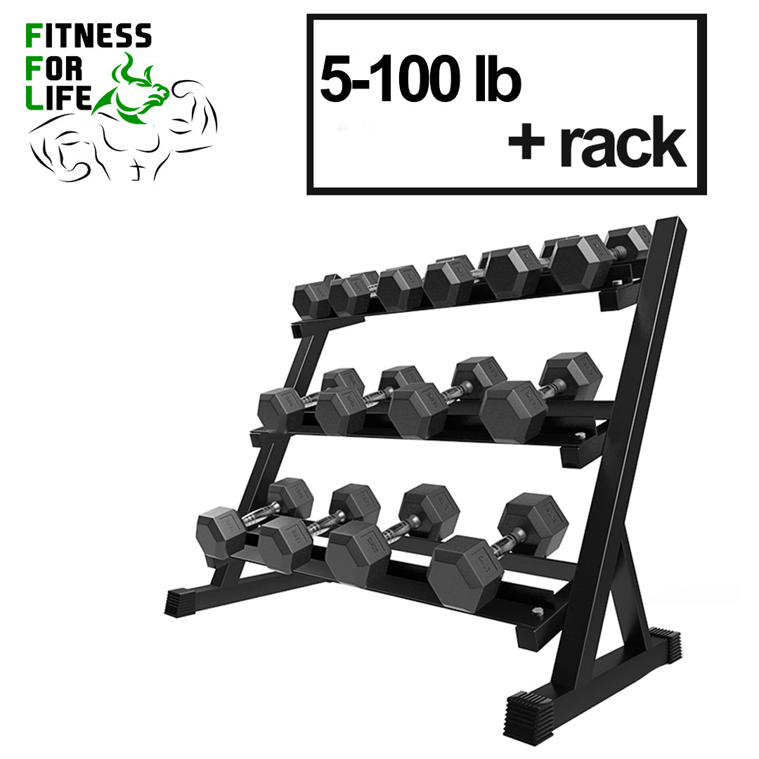 HEX Rubber Dumbbells 5-100 Bundle + Rack – Fitness For Life FFL